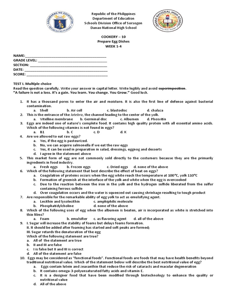 Cookery 10-Activity Sheets | PDF | Starch | Egg As Food