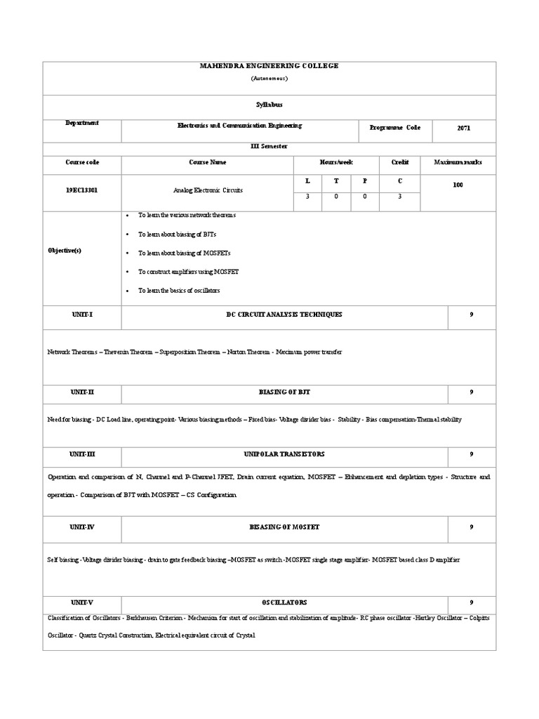 Aec Syllabus | PDF | Mosfet | Field Effect Transistor