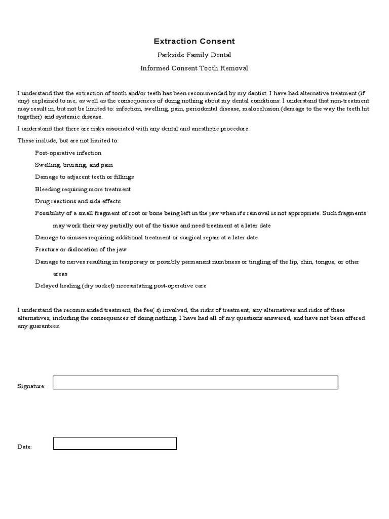 Extraction Consent: Parkside Family Dental Informed Consent Tooth ...