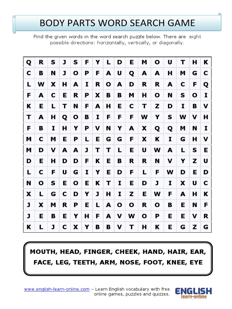 Body Parts Vocabulary Word Search Puzzle Worksheet | PDF | Sports ...