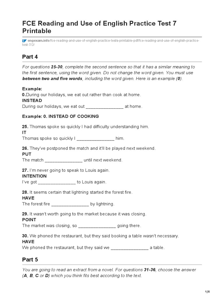Engexam - info-FCE Reading and Use of English Practice Test 7 Printable ...