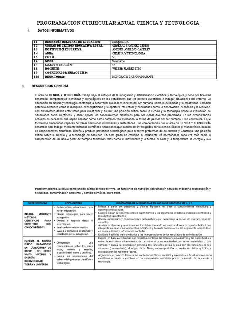PROGRAMACION ANUAL CyT 4TO | PDF | Aprendizaje | Organismos
