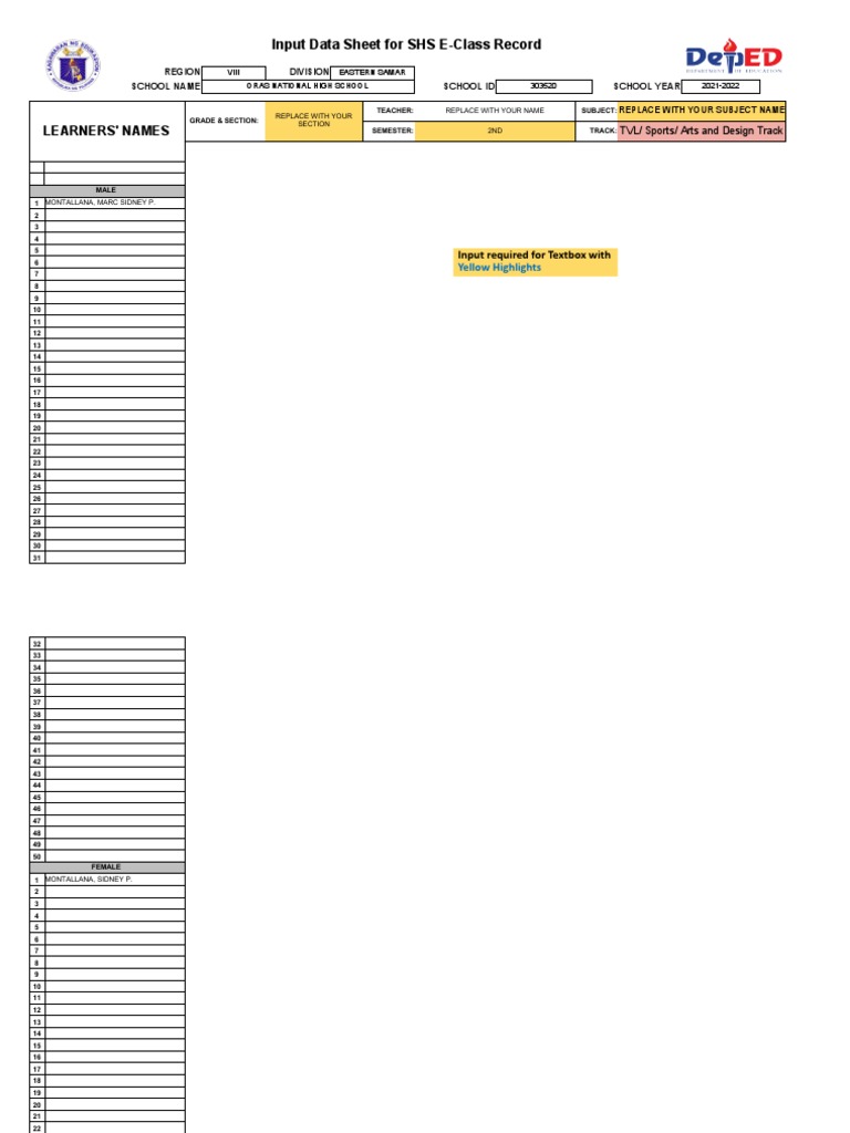 SHS E-Class Record Input Sheet | PDF