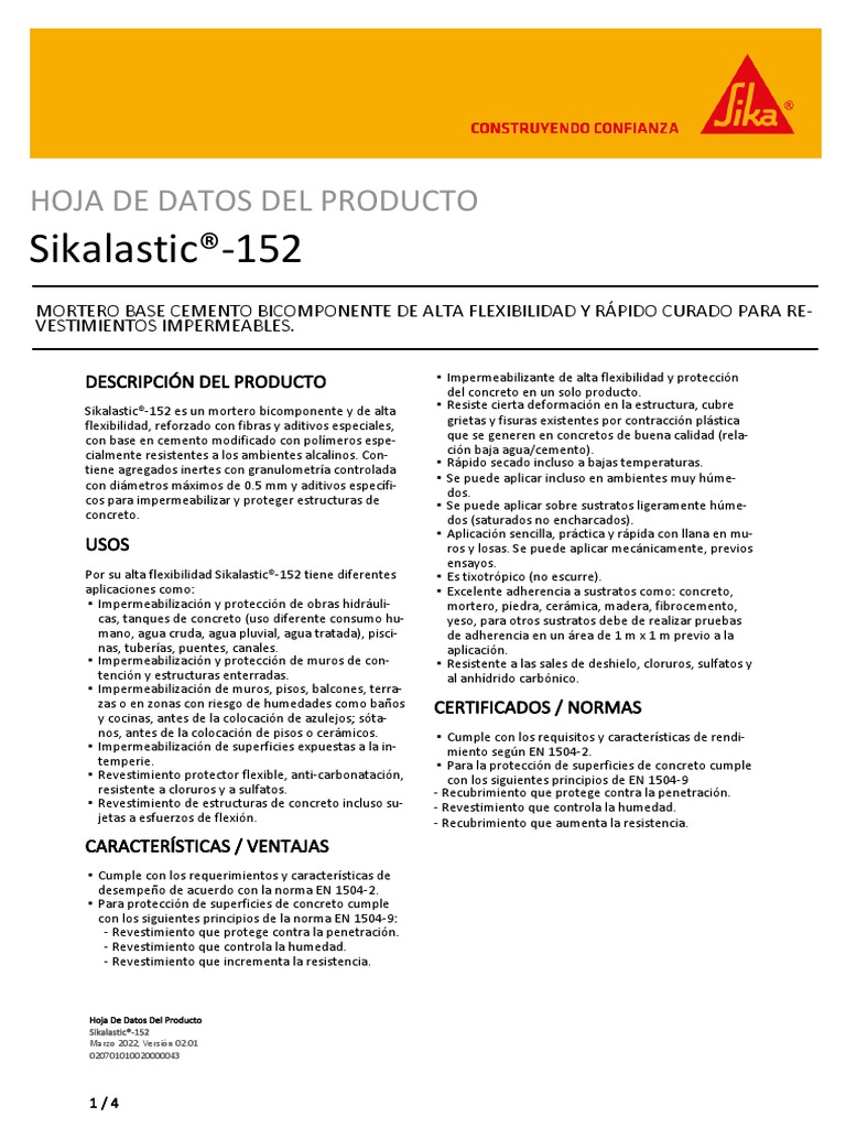 Mortero Impermeable Sikalastic®-152 | PDF | Hormigón | Revestimiento