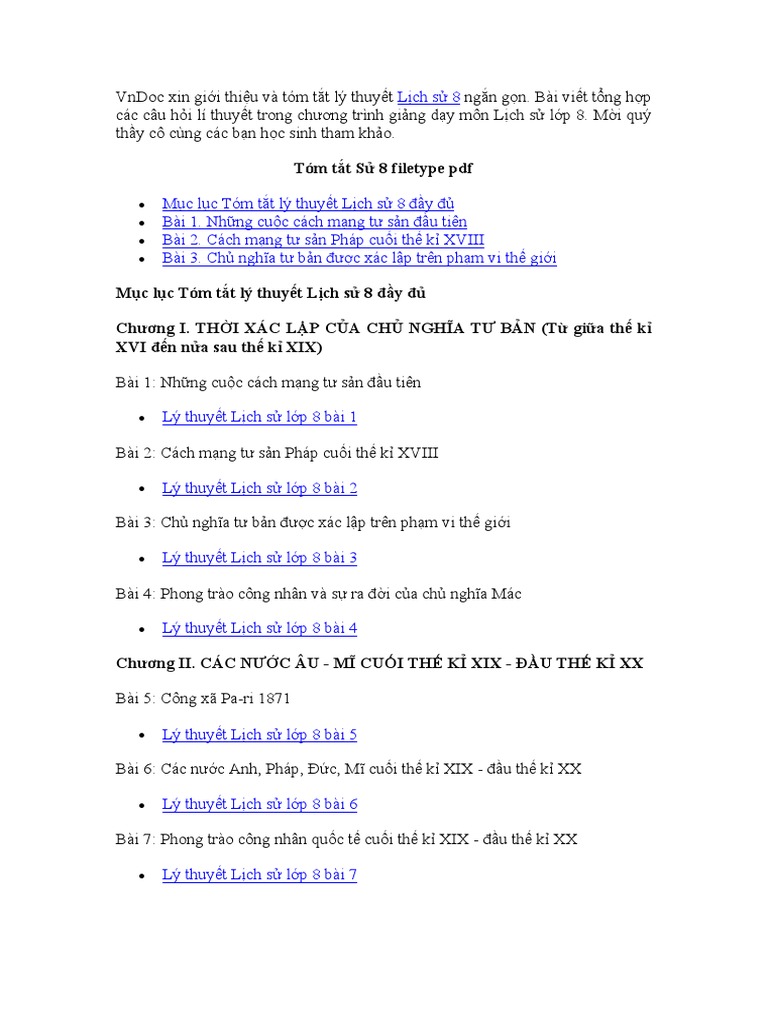 Tom Tat Ly Thuyet Lich Su 8 Ngan Gon | PDF