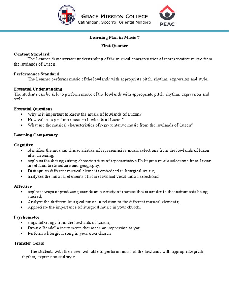 LEARNING PLAN IN MUSIC 7 (Quarter 1) | PDF | String Instruments | Songs
