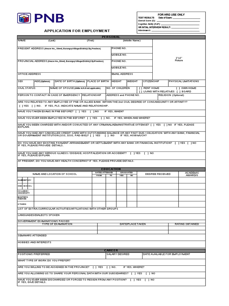 PNB Employment Application Form | PDF | Employment