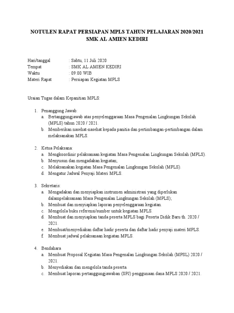 Notulen Rapat Persiapan MPLS Tahun Pelajaran 2020 | PDF | Bisnis | Seni