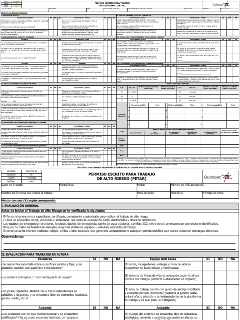 Sso-P05.01 Permiso Escrito para Trabajo de Alto Riesgo (Petar) | PDF | Andamio | Soldadura