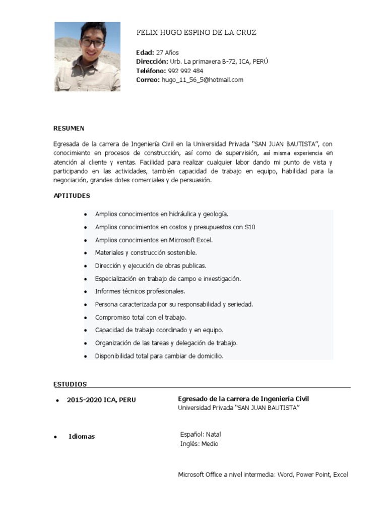 CV Hugo | PDF | Ingeniero civil | Economias