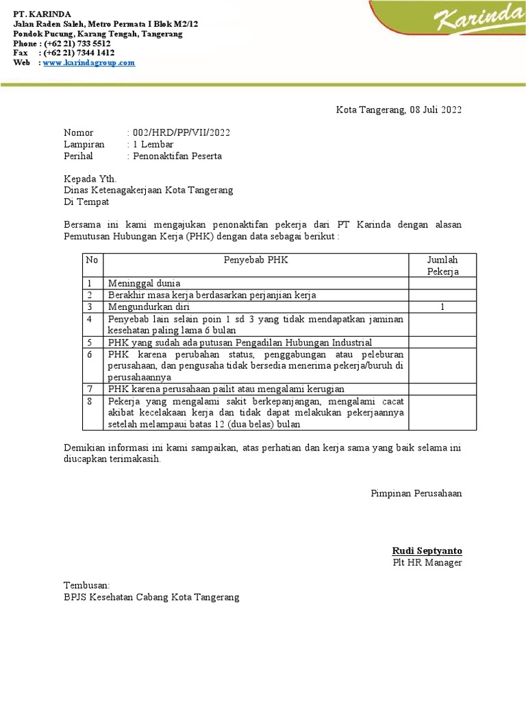 Penonaktifan Pekerja PT Karinda | PDF