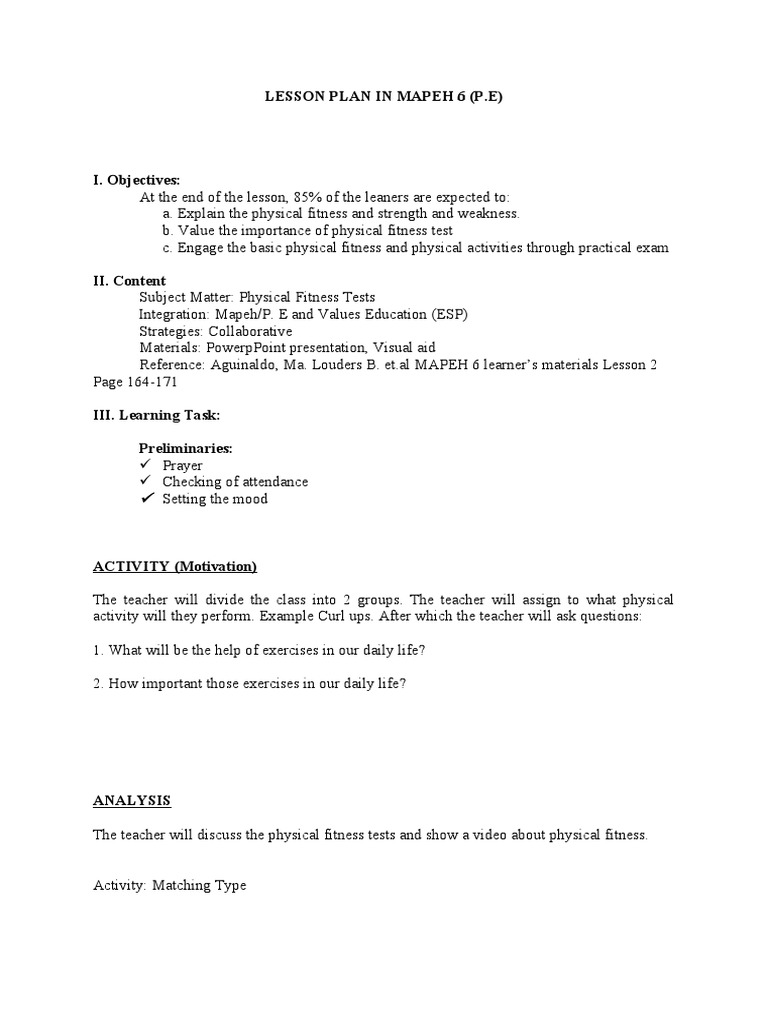 Lesson Plan in Mapeh 6 | PDF | Test (Assessment) | Physical Fitness