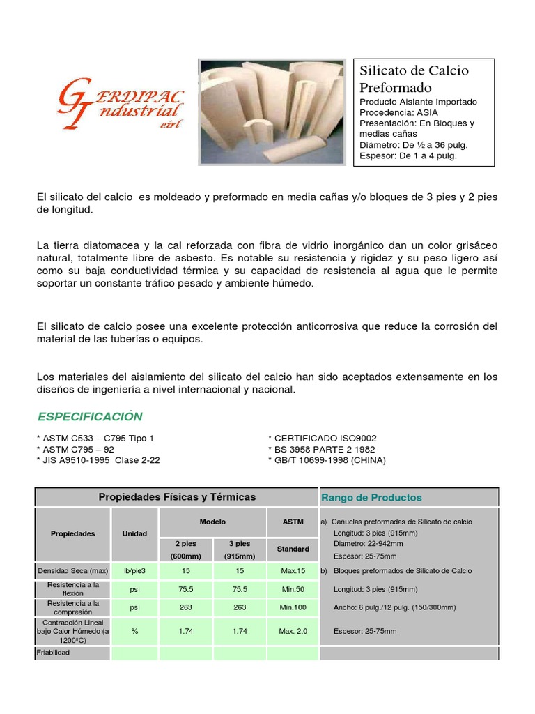 Silicato de Calcio: Especificaciones y Propiedades | PDF | Aislamiento ...