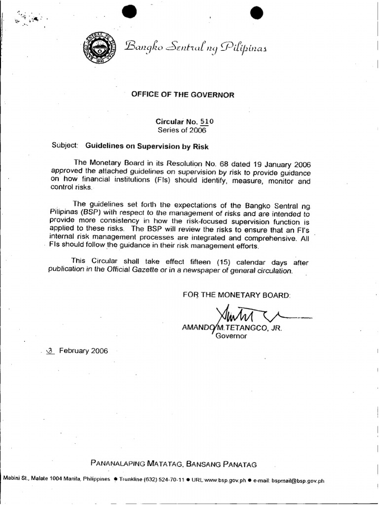 BSP Circular No. 510 of 2006 Guidelines of Supervision by Risk | PDF ...