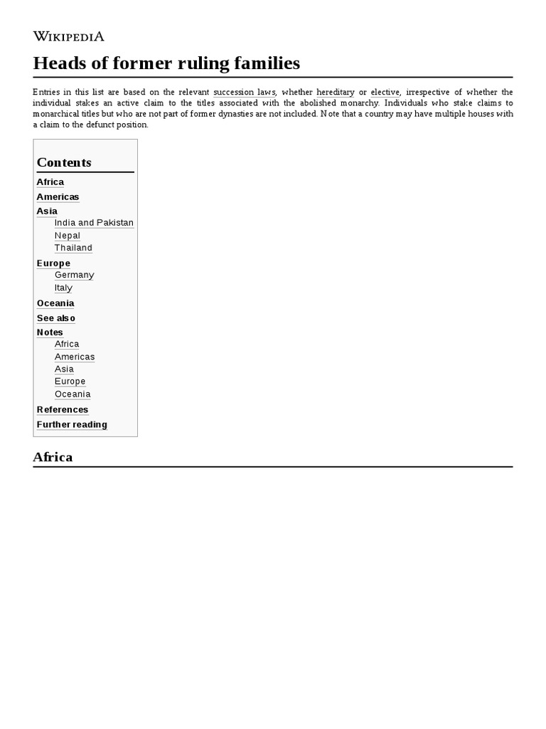 Heads of Former Ruling Families | PDF | Monarchy | Nobility