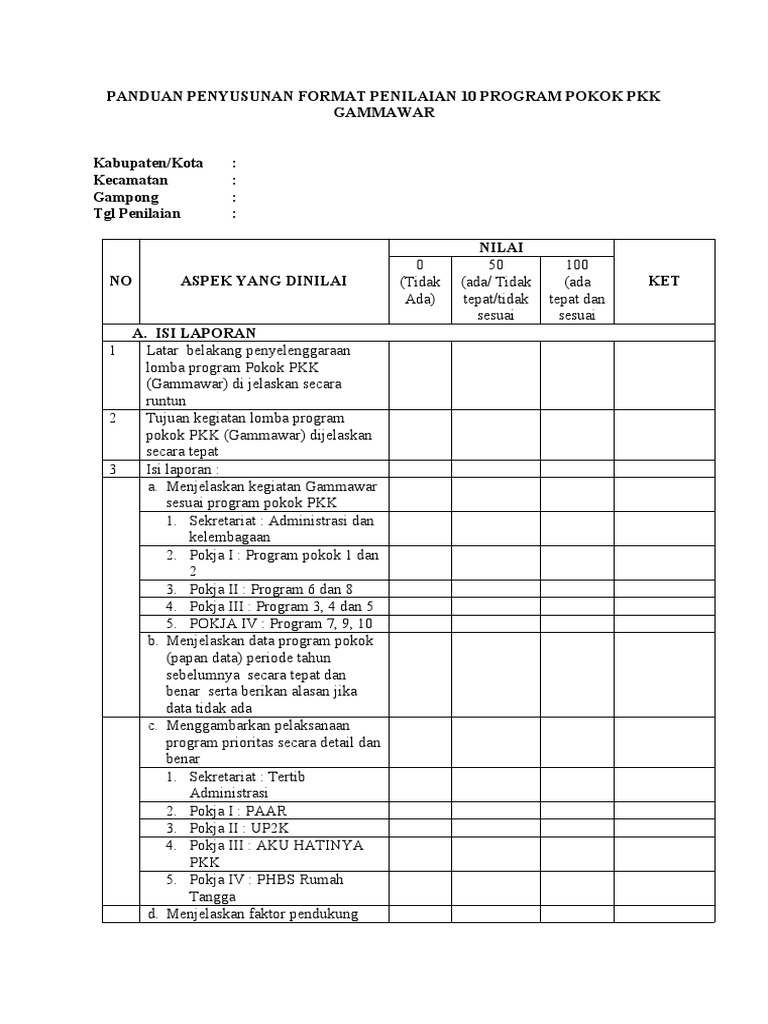Panduan Penyusunan Format Penilaian 10 Program Pokok PKK Gammawar | PDF