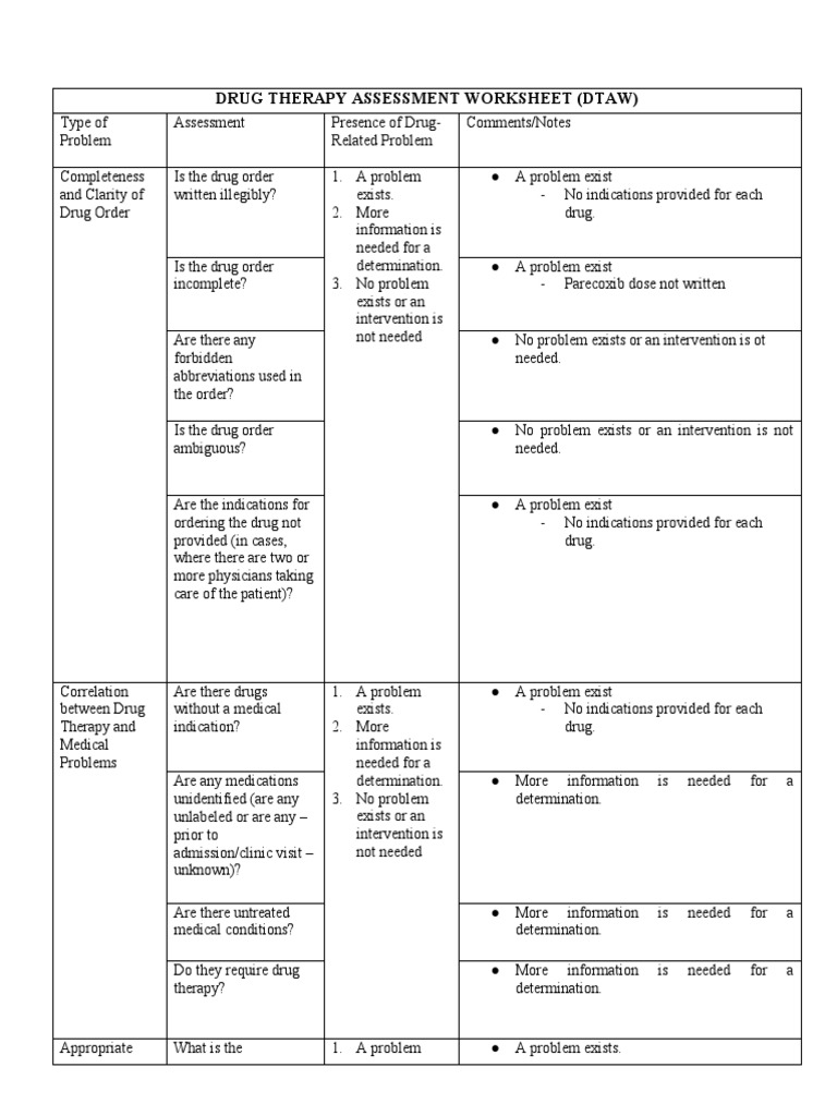 Drug Therapy Assessment Worksheet: A Comprehensive Review of Drug ...