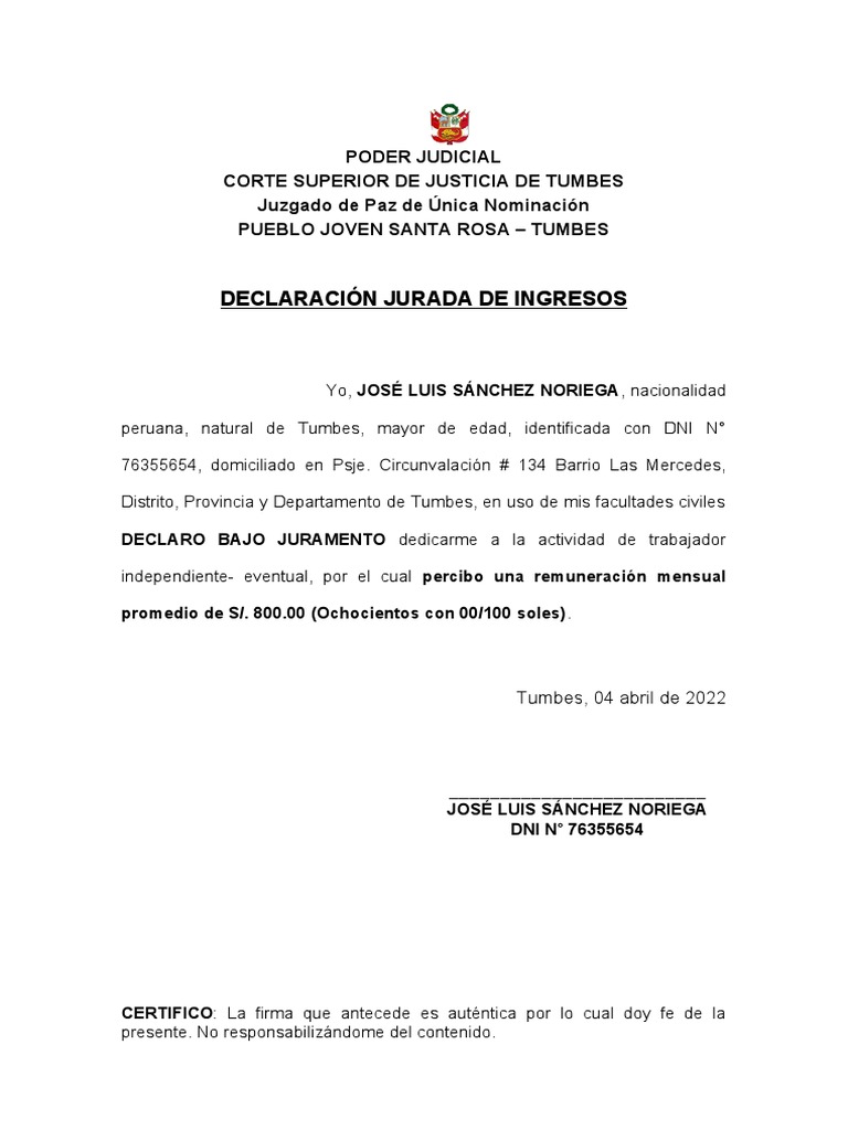 Declaracion Jurada de Ingresos | PDF