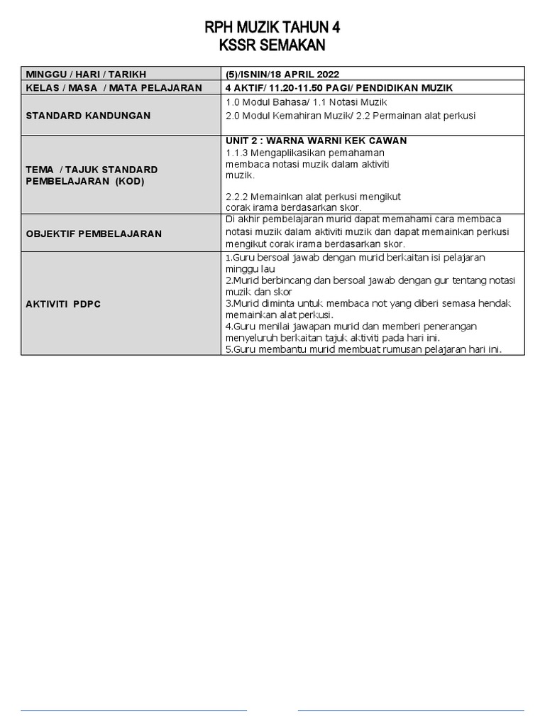 Pembelajaran Notasi & Perkusi Tahun 4 | PDF