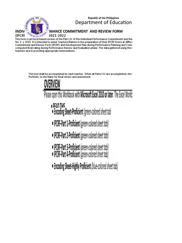 Department Of Education Ipcrf Part I Iv Sy 2021 2022 Pdf