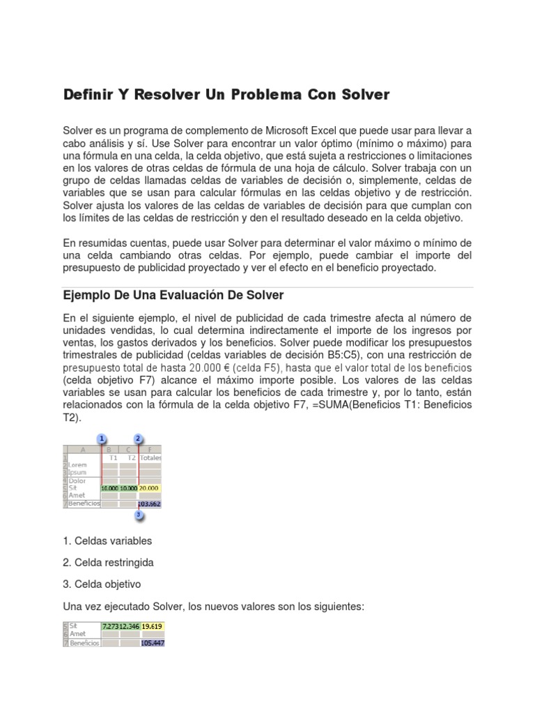 Definición y Uso de Solver en Excel | PDF | Presupuesto | Hoja de cálculo