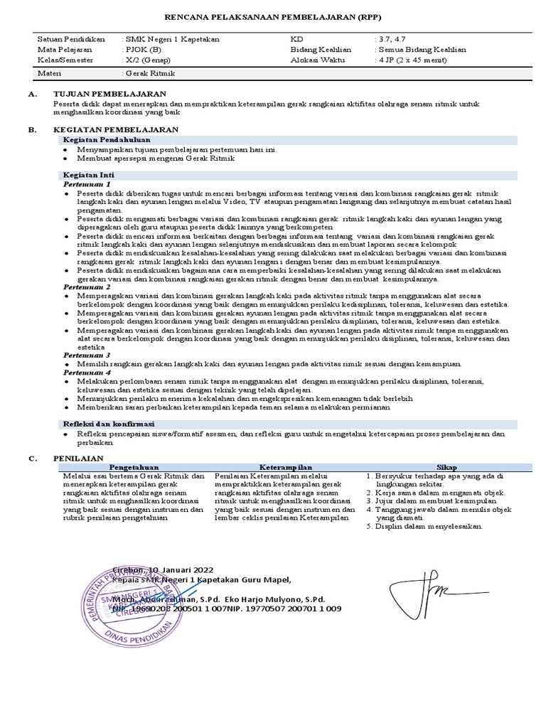 RPP PJOK Kelas X: Gerak Ritmik | PDF | Karier & Perkembangan
