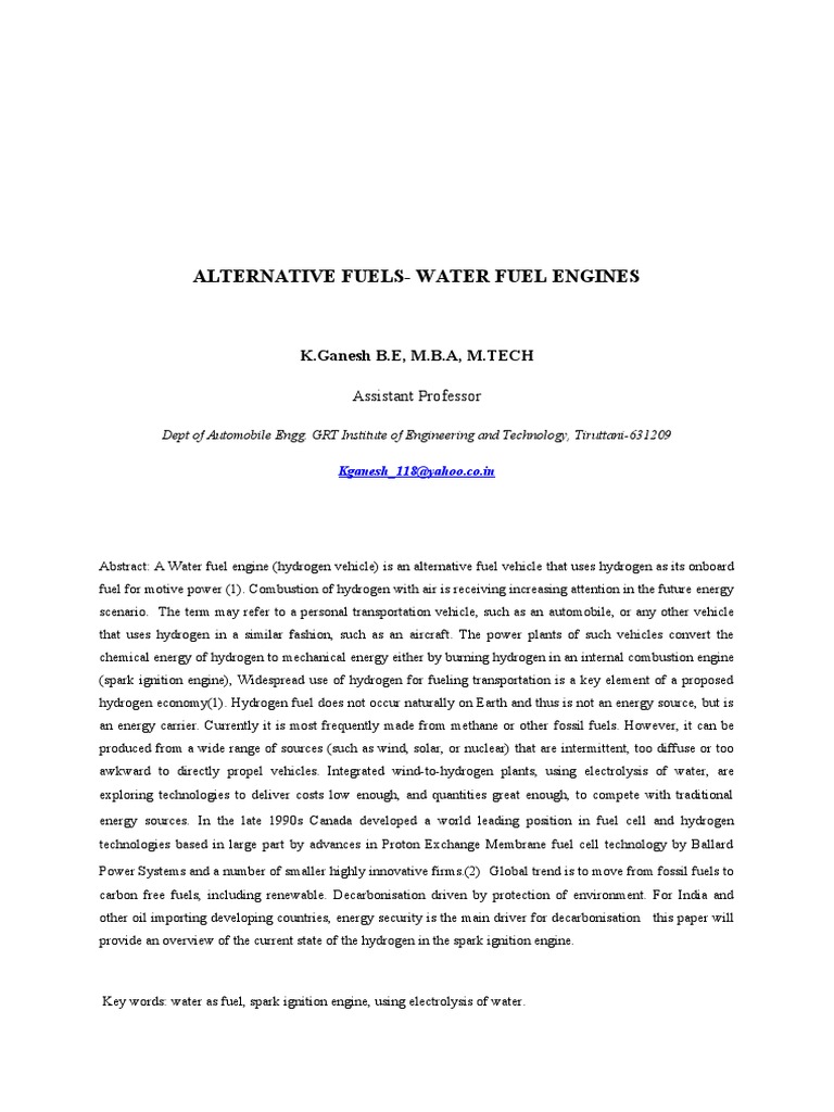 An Overview of Water Fuel Engines: Exploring the Use of Hydrogen as an ...