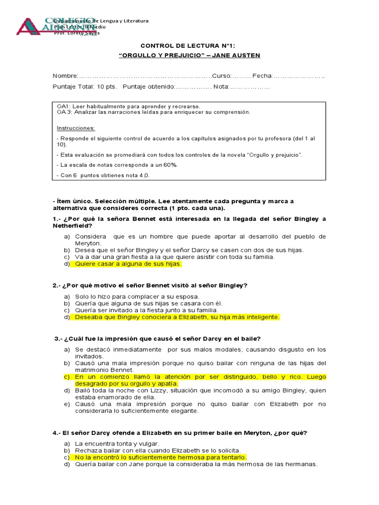 Control de Lectura: Orgullo y Prejuicio | PDF | Orgullo y prejuicio ...