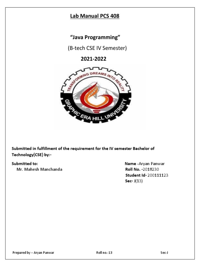 Lab Manual PCS 408 "Java Programming" (B-Tech CSE IV Semester) 2021-2022 | PDF | String ...