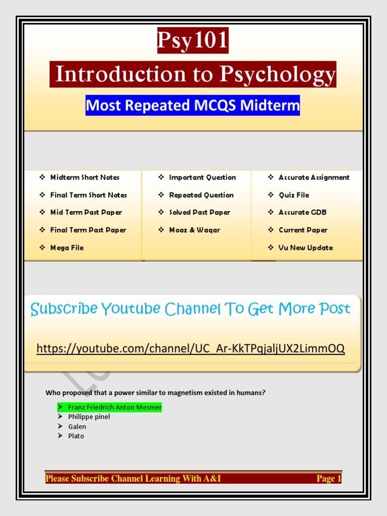 Psy101 Midterm Mcqs | PDF | Psychology | Neuron