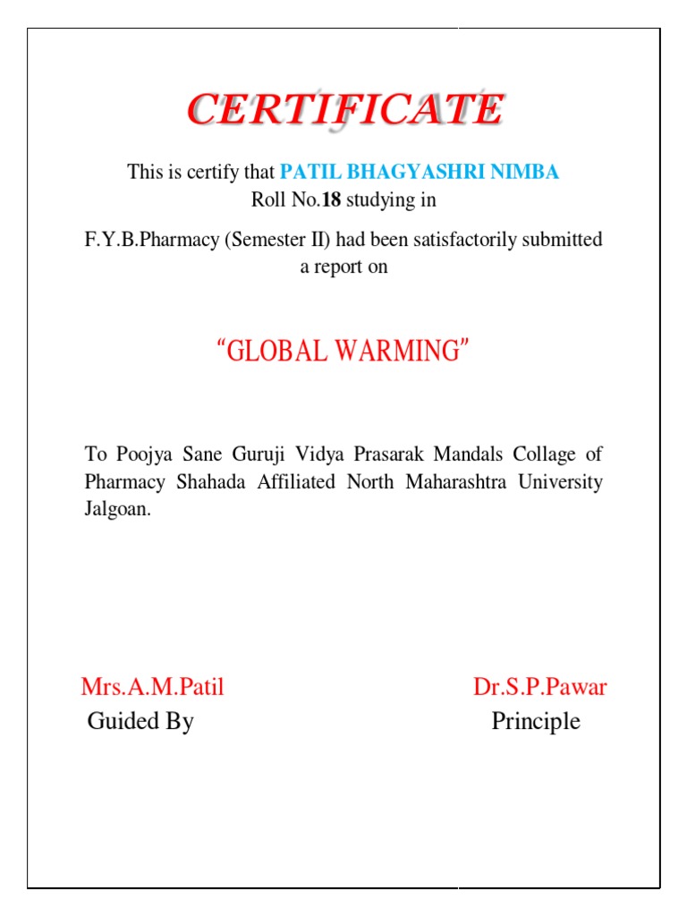 Certificate: "Global Warming" | PDF | Climate Change | Sea Level Rise