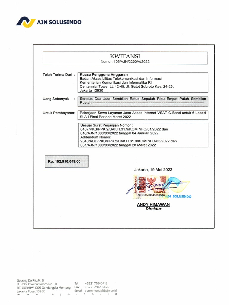 D. Kwitansi Layanan Faskes Vsat C-Band 6 Lokasi Maret 2022 - Inv 105 (PKS 407) | PDF
