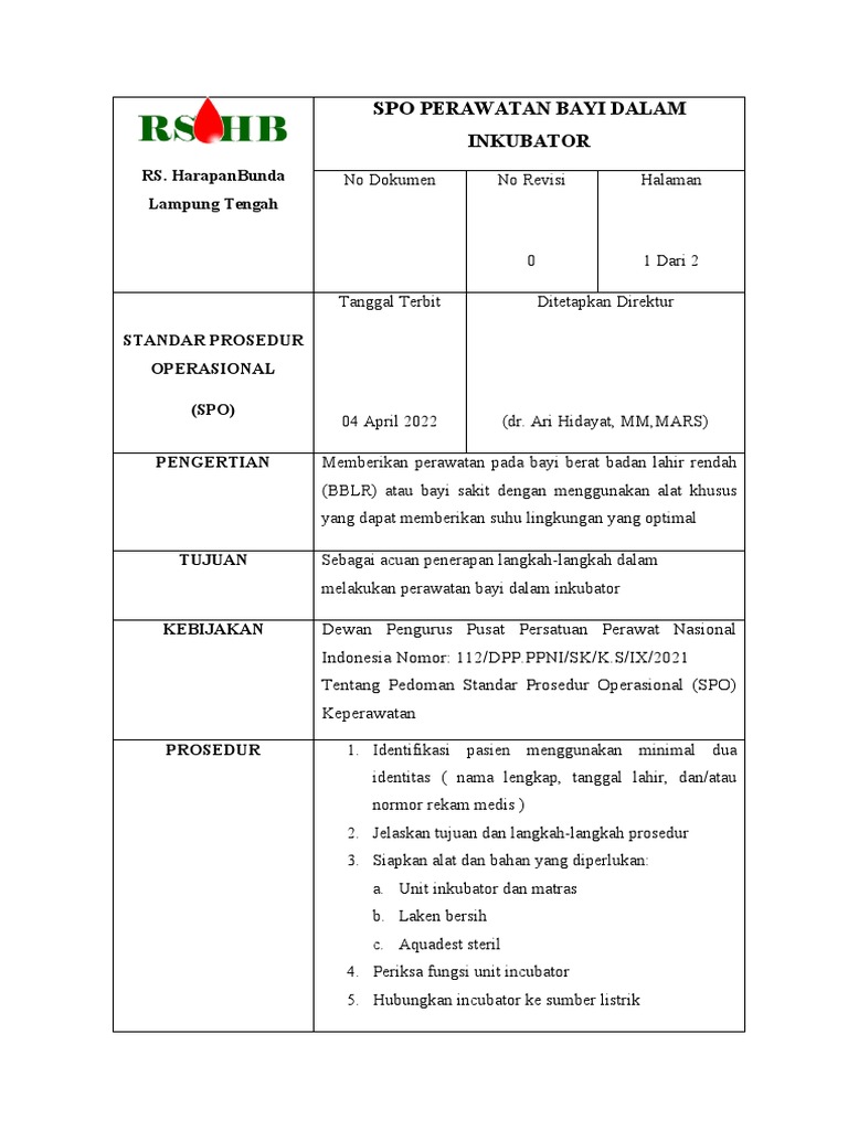 SPO Perawatan Bayi Dalam Inkubator | PDF