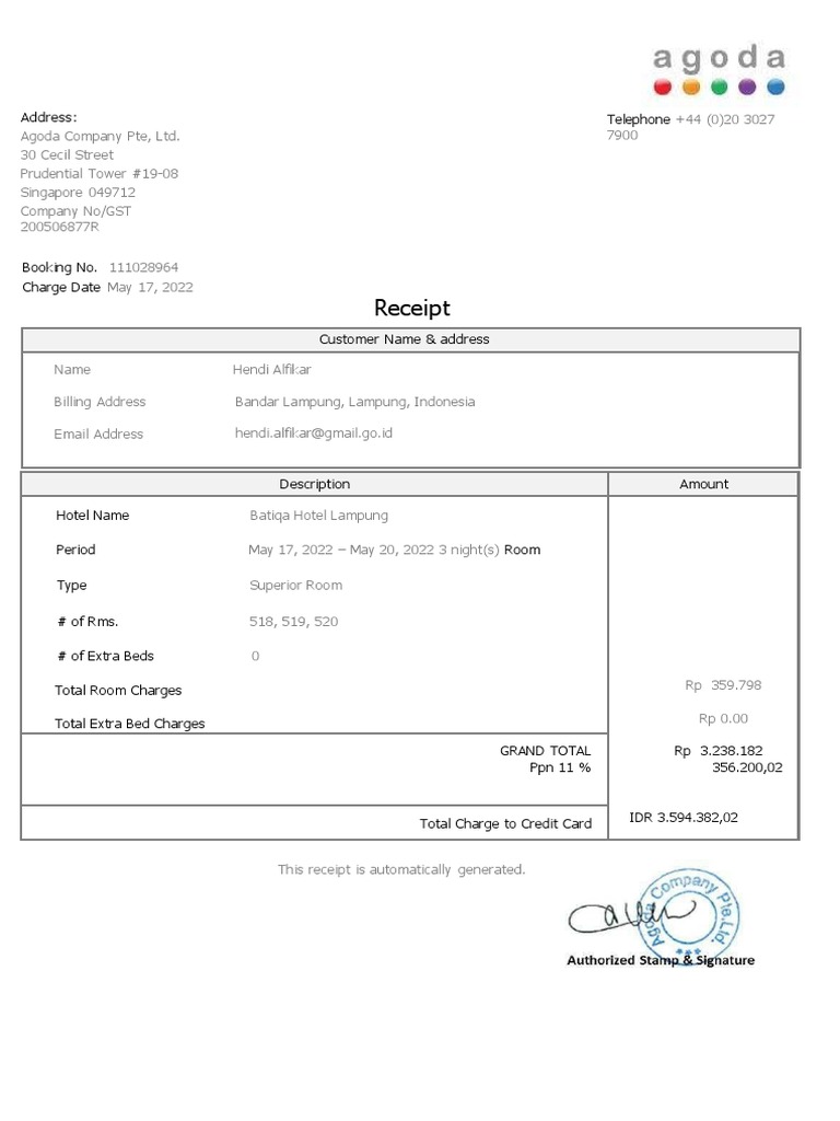Agoda Booking ID 111028964 RECEIPT Enclo 2 | PDF