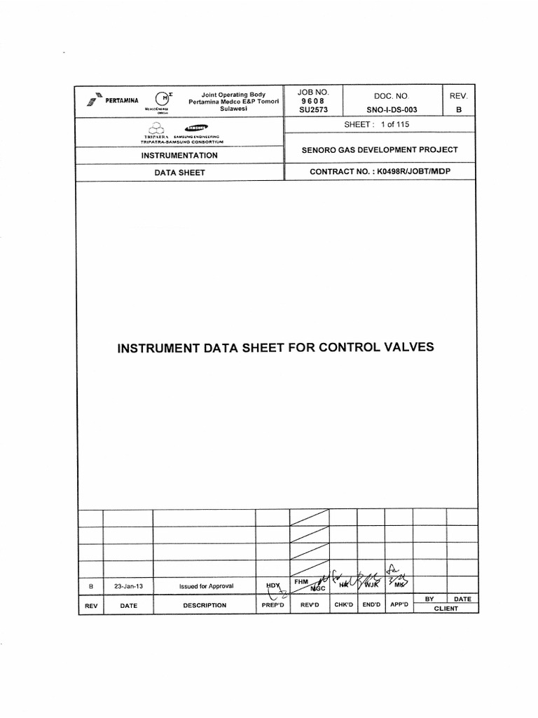 SNO-I-DS-003 - B Instrument Data Sheet For Control Valves | PDF