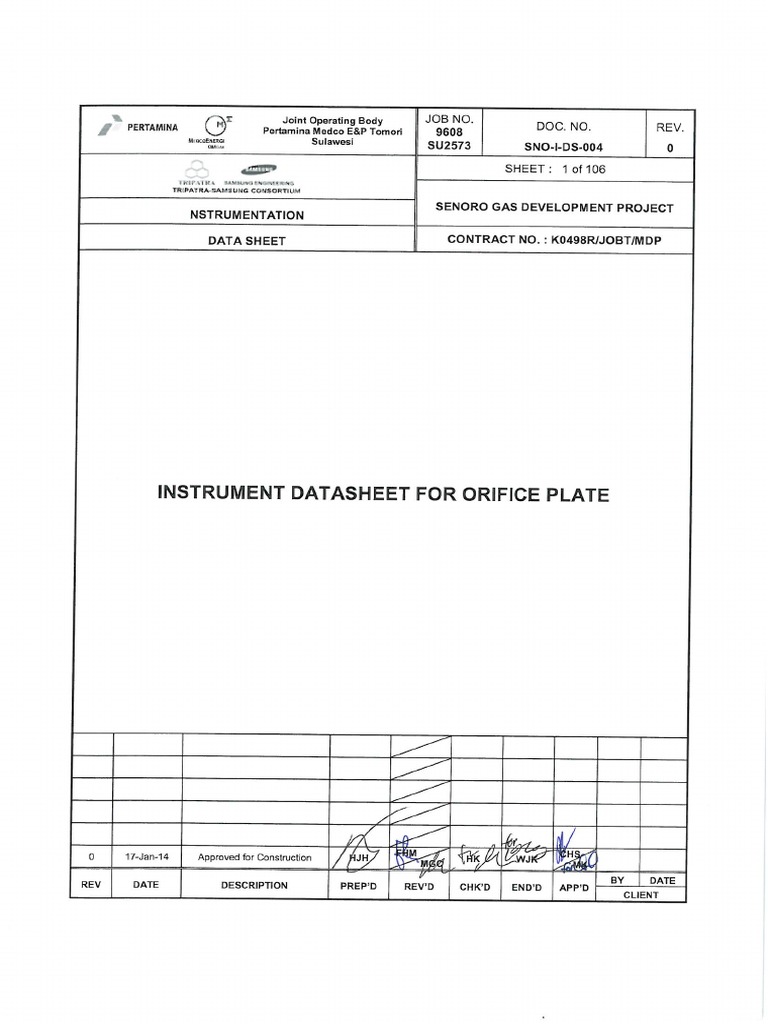 Orifice Plate Data Sheet SNO-I-DS-004 | PDF | Pressure | Screw
