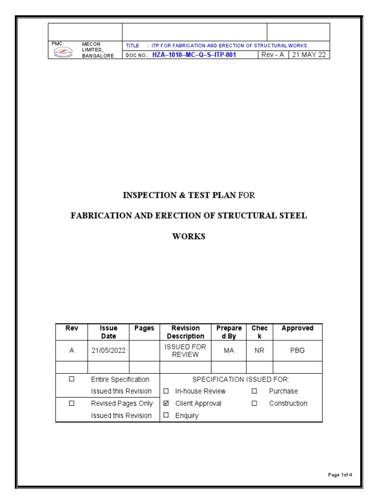 Structural Steel ITP for Fabrication | PDF | Nondestructive Testing ...