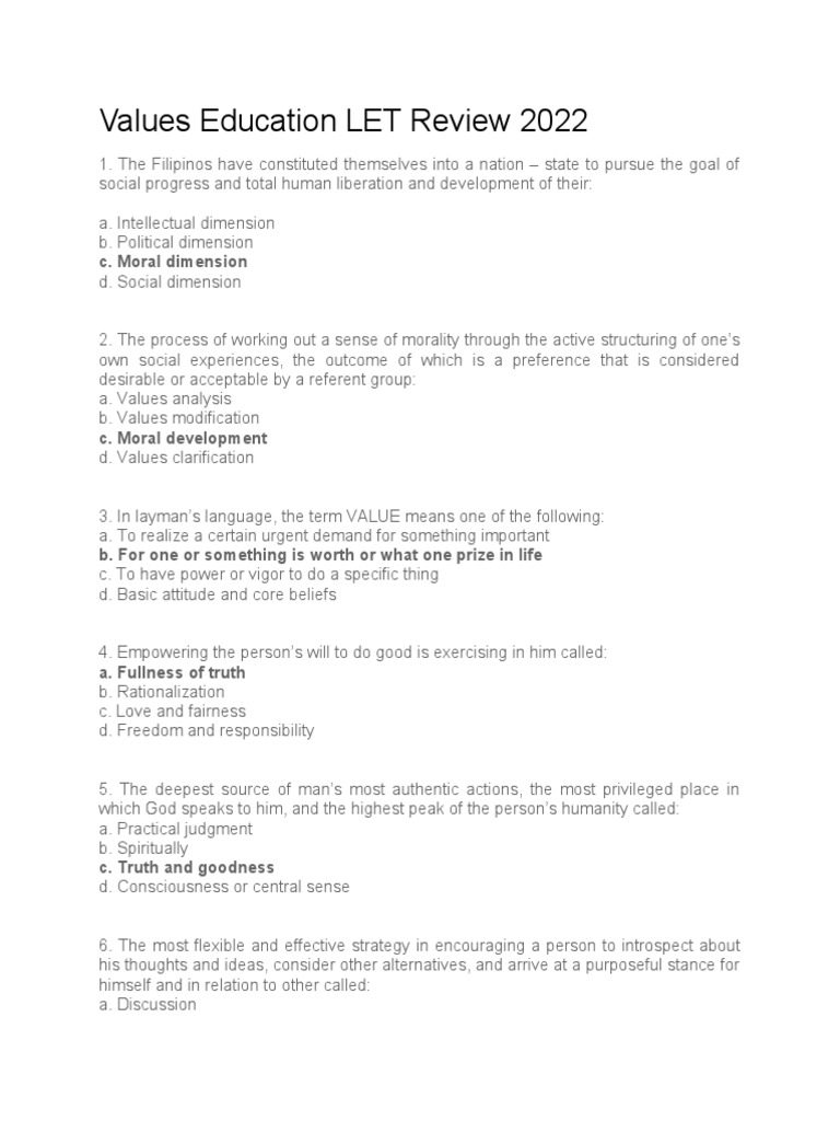 Values Education LET Review 2022 | PDF | Morality | Value (Ethics)