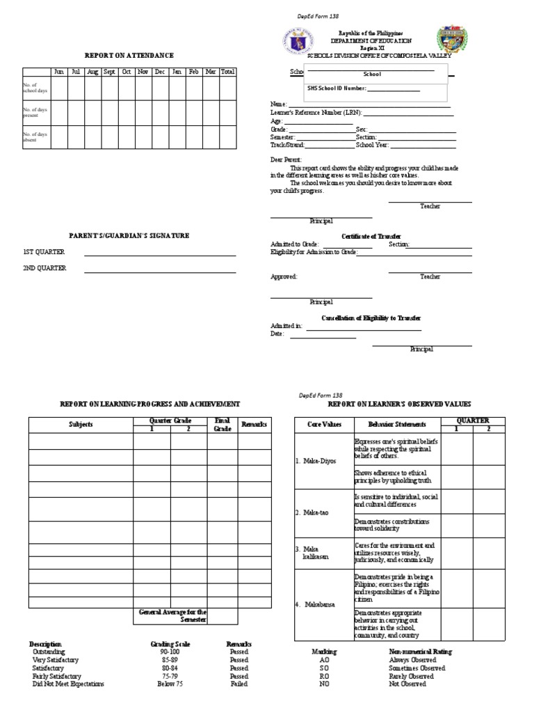 Report On Attendance: Deped Form 138 | PDF | Learning | Cognitive Science