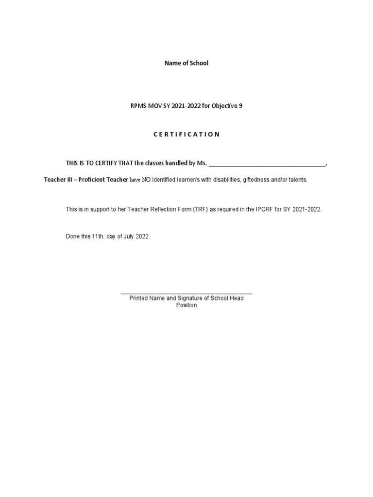 RPMS MOV SY 2021-2022 For Objective 9: Certification | PDF | Learning ...