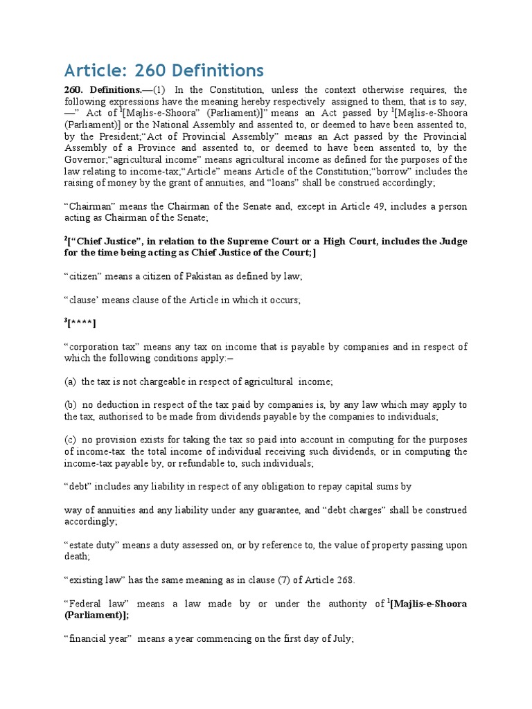 Article 260 Note Constitution of Pakistan | PDF | Parliament Of ...