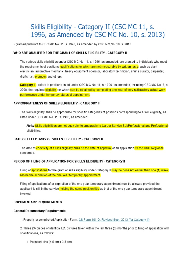 Skills Eligibility - Category II Guidelines | PDF | Identity Document ...