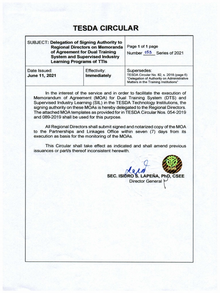 TESDA Circular No. 53: Signing Authority Delegation | PDF | Alternative ...