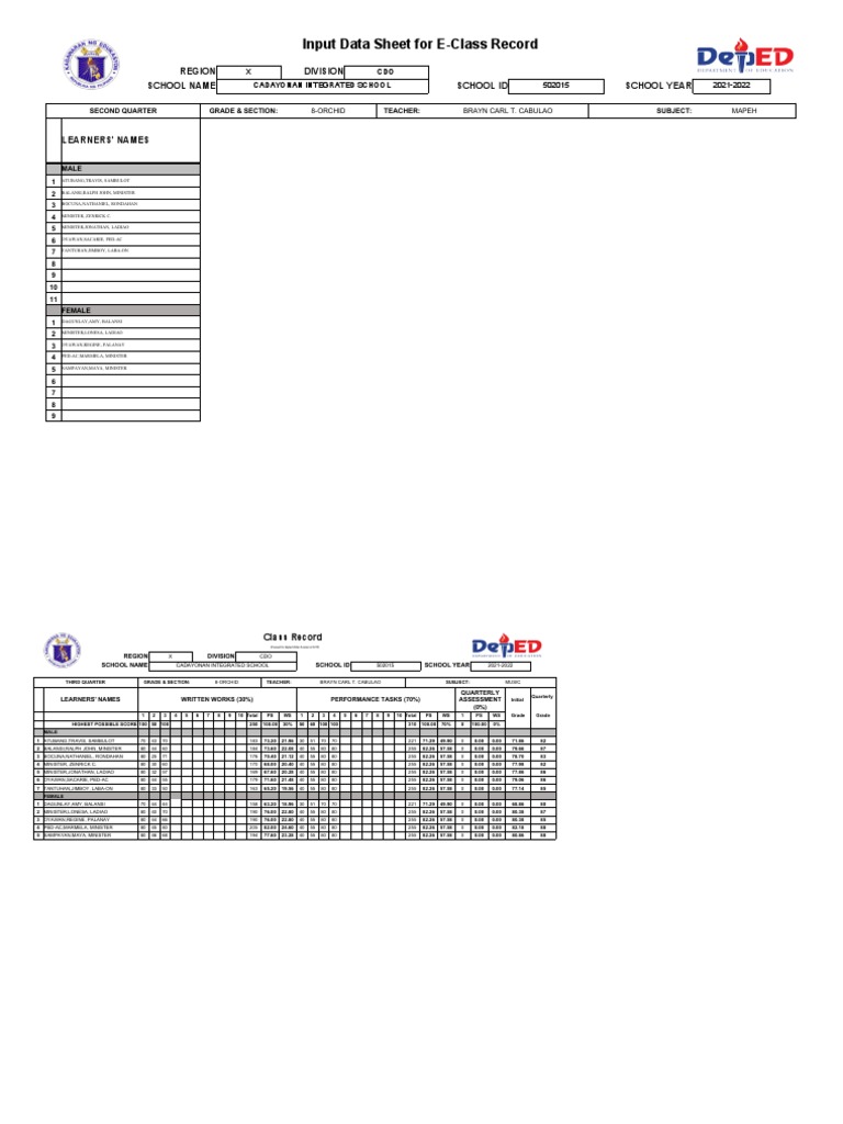 Third Quarter Class Records for Grade 8 Orchid Section in Music and ...