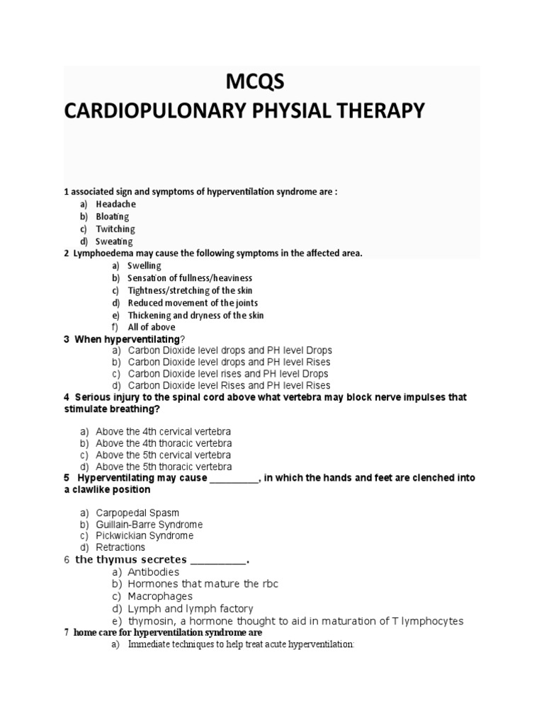 Mcqs Cardiopulonary Physial Therapy | PDF | Respiratory Tract | Chronic ...