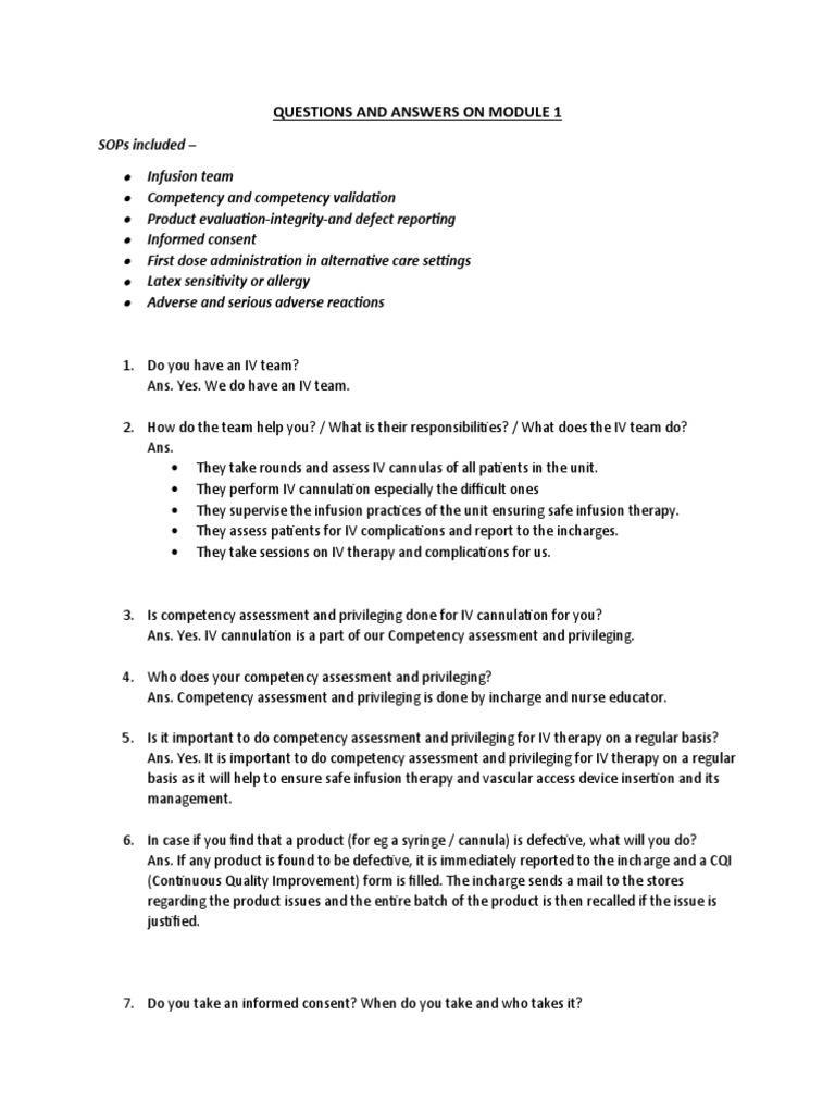 Questions and Answers On Module 1 | PDF | Intravenous Therapy ...