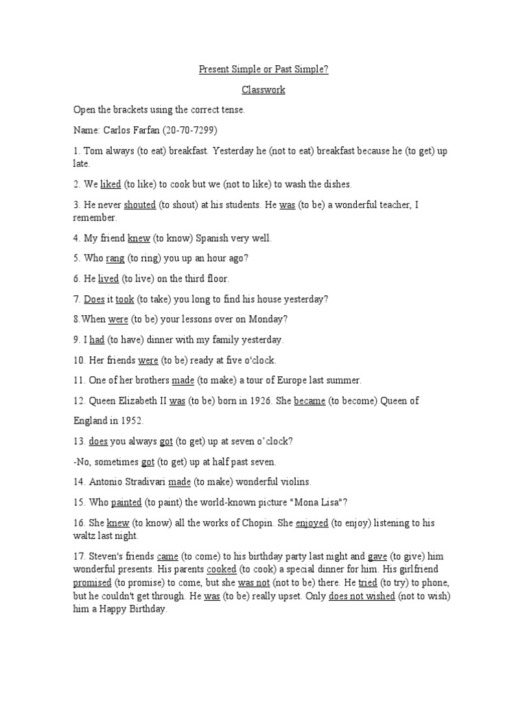 Present Simple or Past Simple Test | PDF