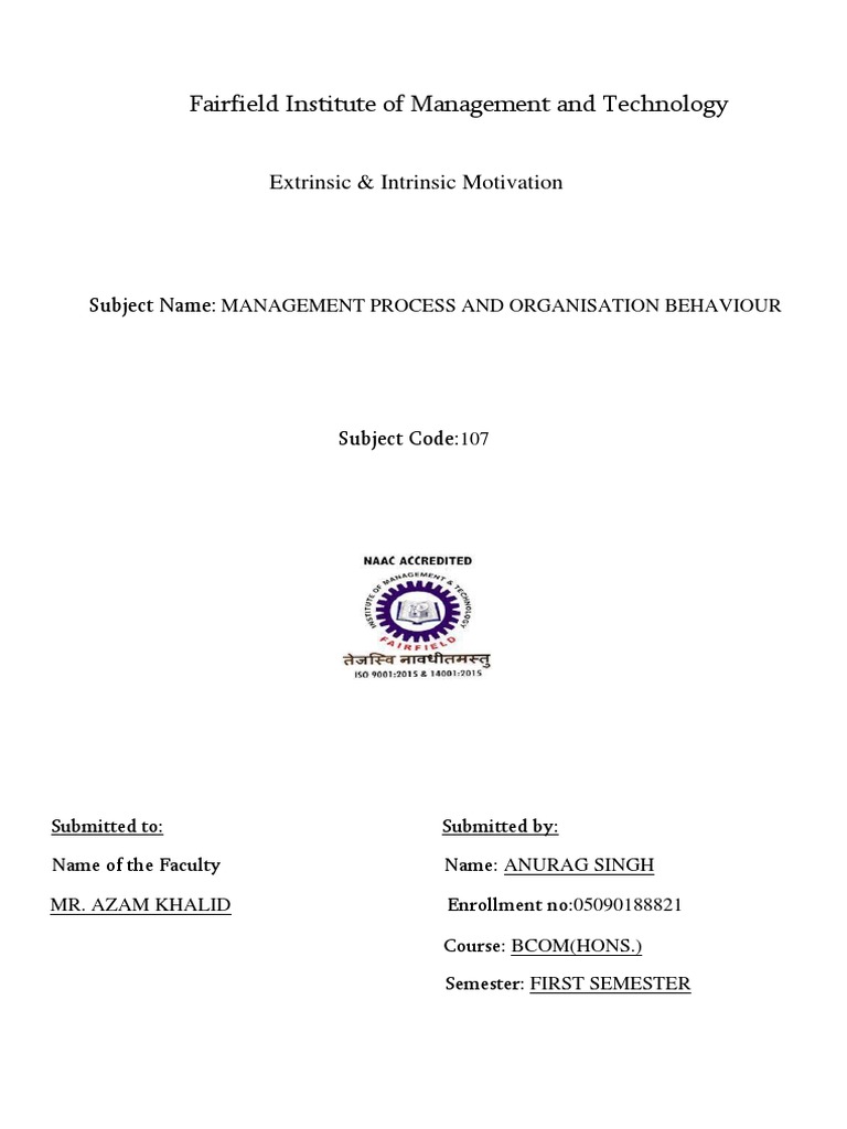 Anurag Singh Bcom (H) Mpob Assignment (Fimt) | PDF | Motivational | Motivation