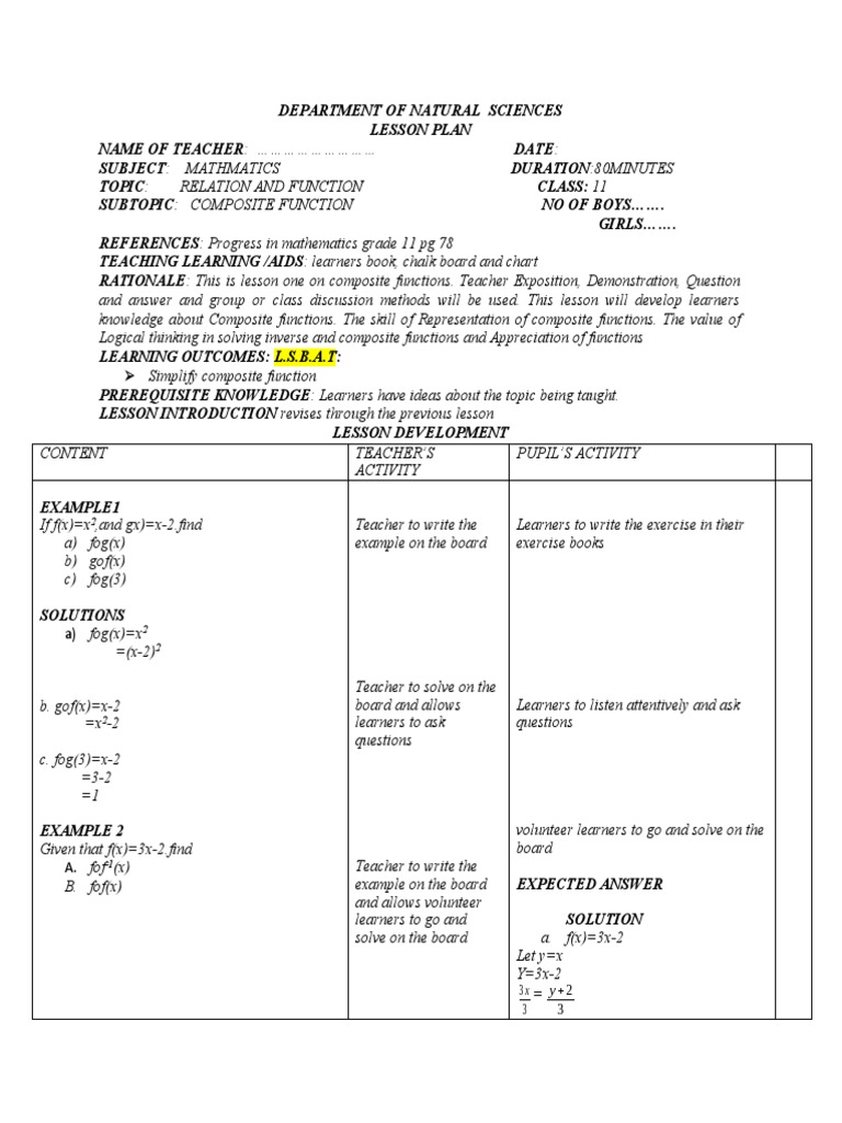 Grade 11 Mathematics Relations and Functions - Composite Function 3 Editable Lesson Plan | PDF ...