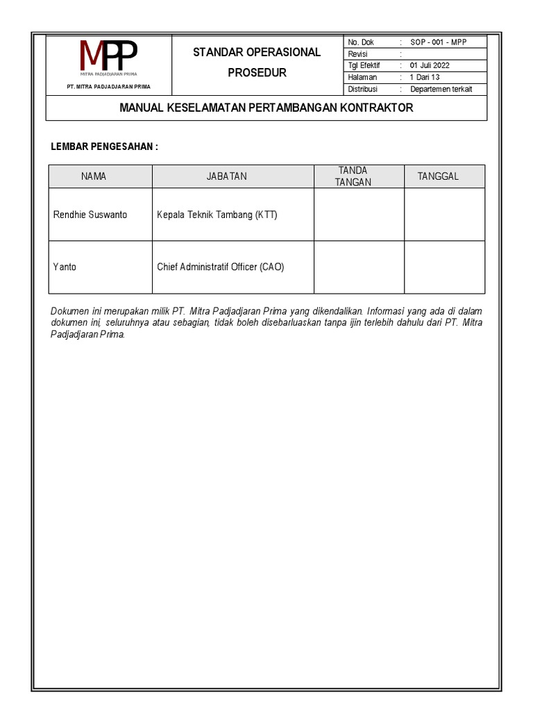 Sop 001 Mpp Manual Keselamatan Pertambangan Kontraktor Pdf
